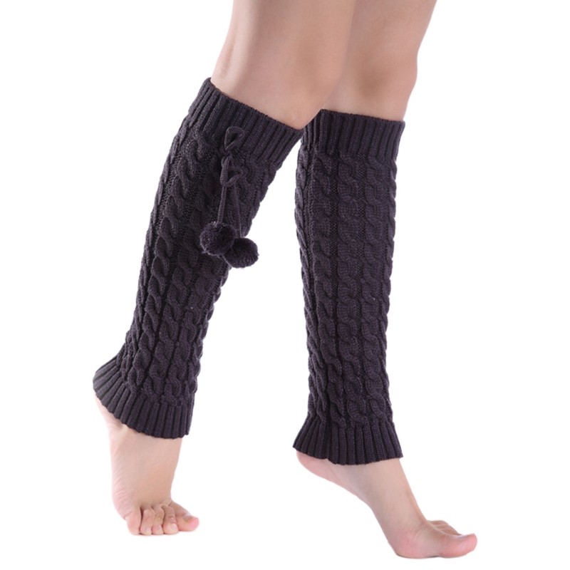 Women Winter Twist Cable Knit Leg Warmers Plush Ball Bow Knee High Boot ...