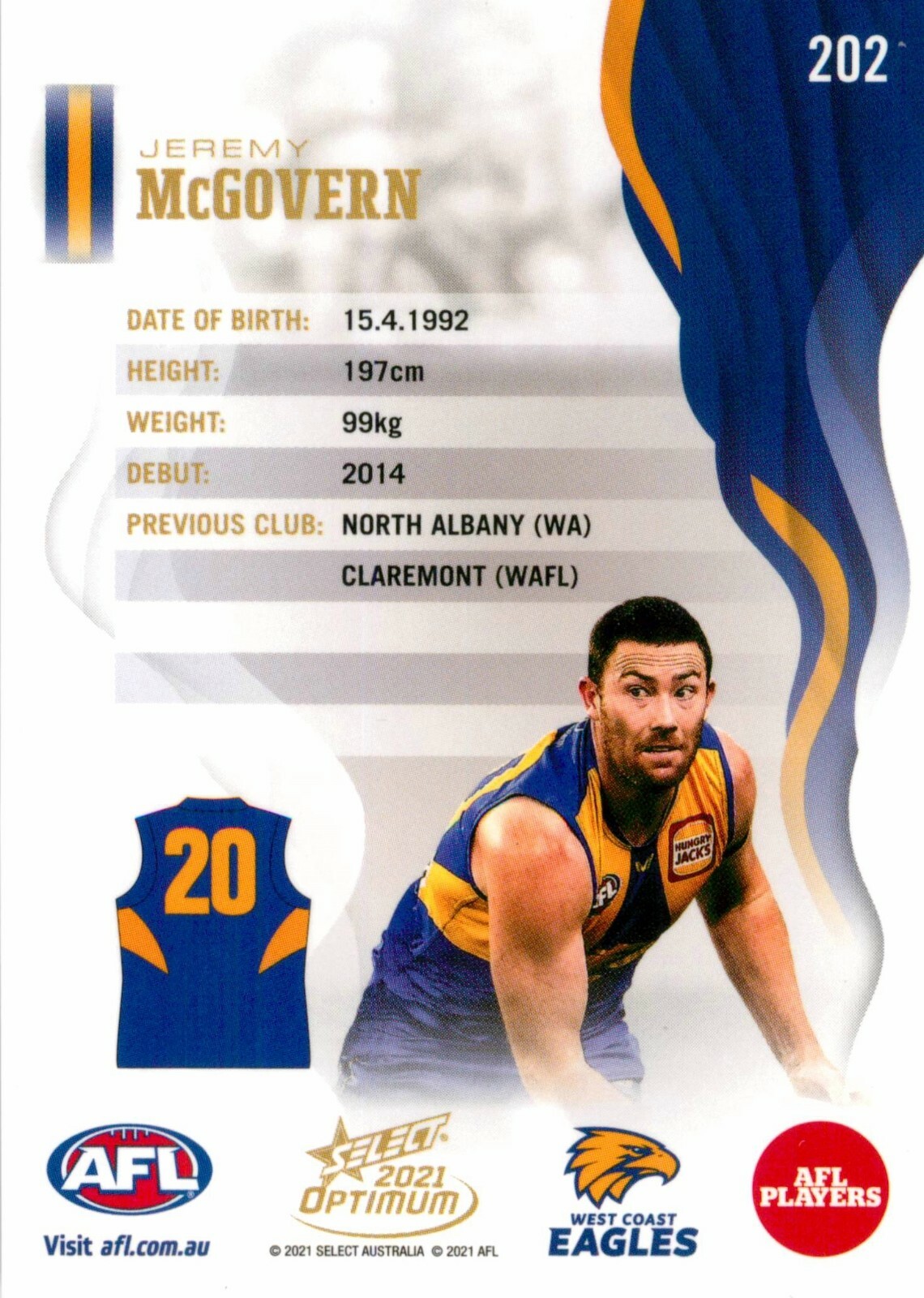 2021 WEST COAST EAGLES AFL Card JEREMY MCGOVERN Optimum | eBay Australia