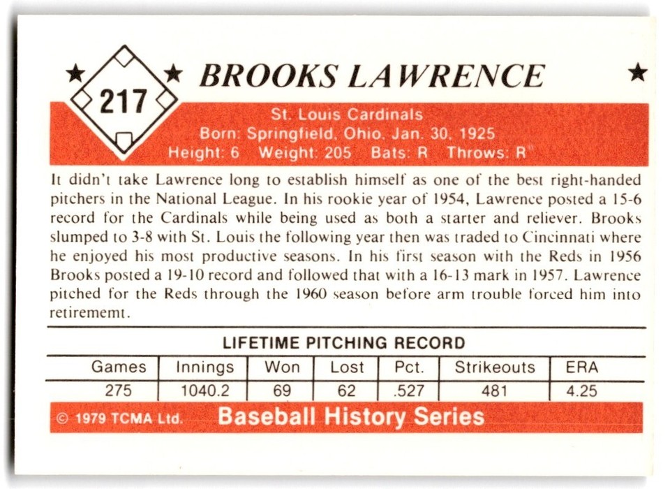 1979 TCMA 50's Brooks Lawrence St. Louis Cardinals #217 | eBay