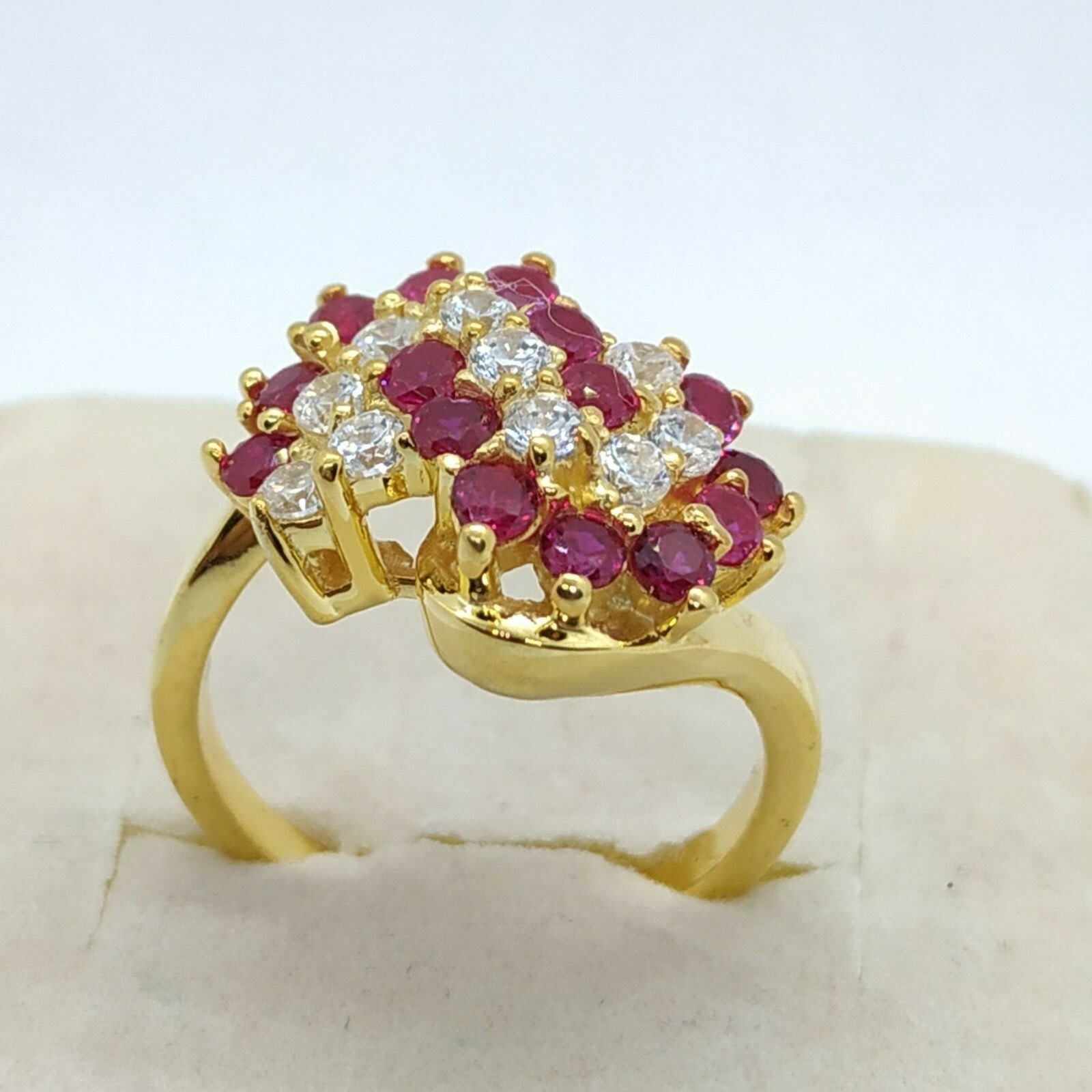 1/2Ct Simulated Ruby & CZ Yellow Gold Plated Silver Cluster Engagement ...