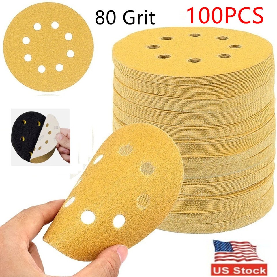 100x 5inch Sanding Discs 80 Grit Hook Loop 8-Hole Orbital Sander Paper ...
