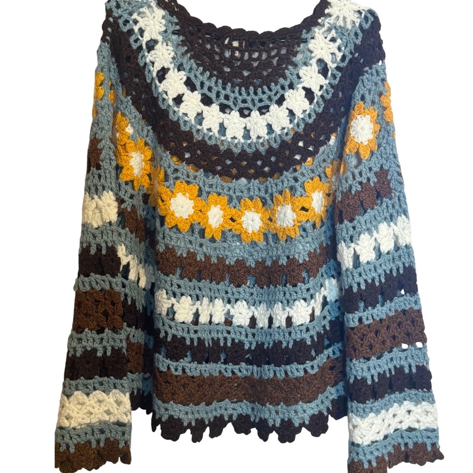 POL Medium Oversized Granny Square Crochet Sweater Boho Fairy brown ...