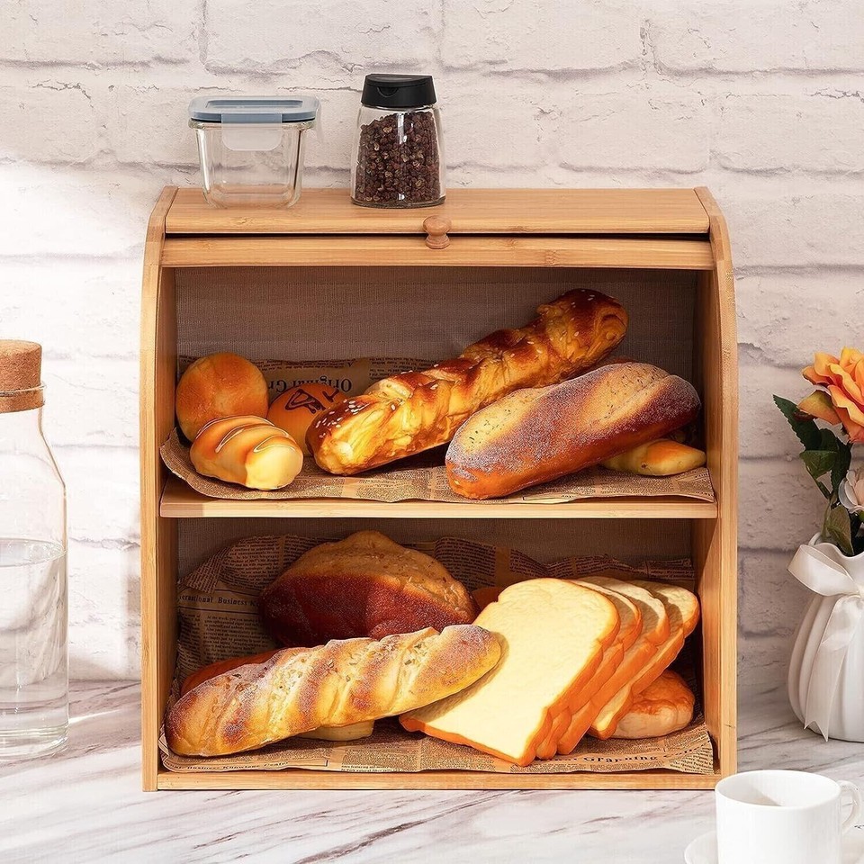 Bread Bin 2 Tiers Double Layer Box Slide Roll Top Food Storage Rack ...