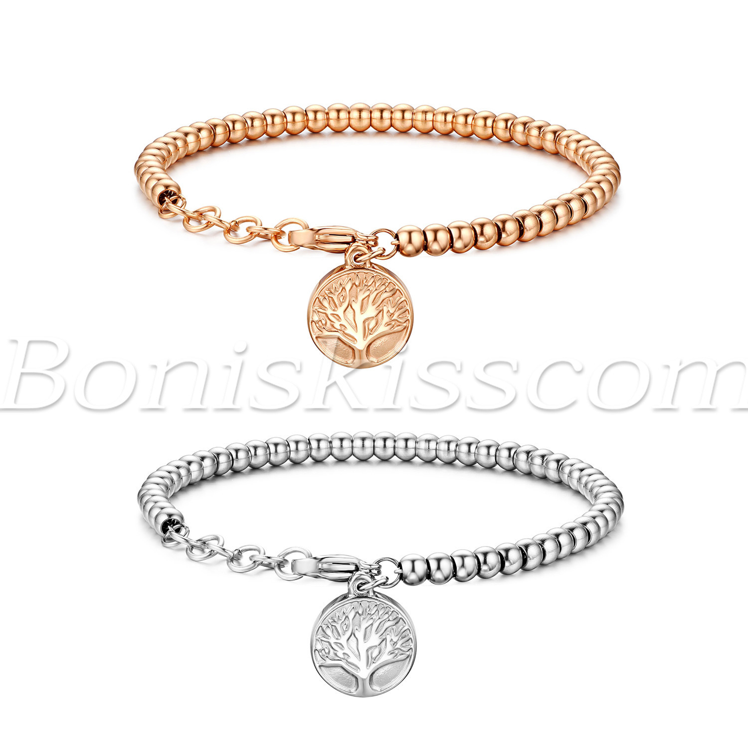 Women's Stainless Steel Tree of Life Tag Charms Beaded Chain Bracelet ...