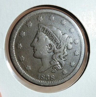 1838 DATED CORONET HEAD LARGE CENT (1 c.) U.S. COIN IN FINE PLUS (F+ ...