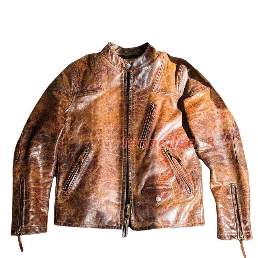 Mens Biker Motorcycle Rider Jacket Vegetable Tanned Distressed Cowhide ...