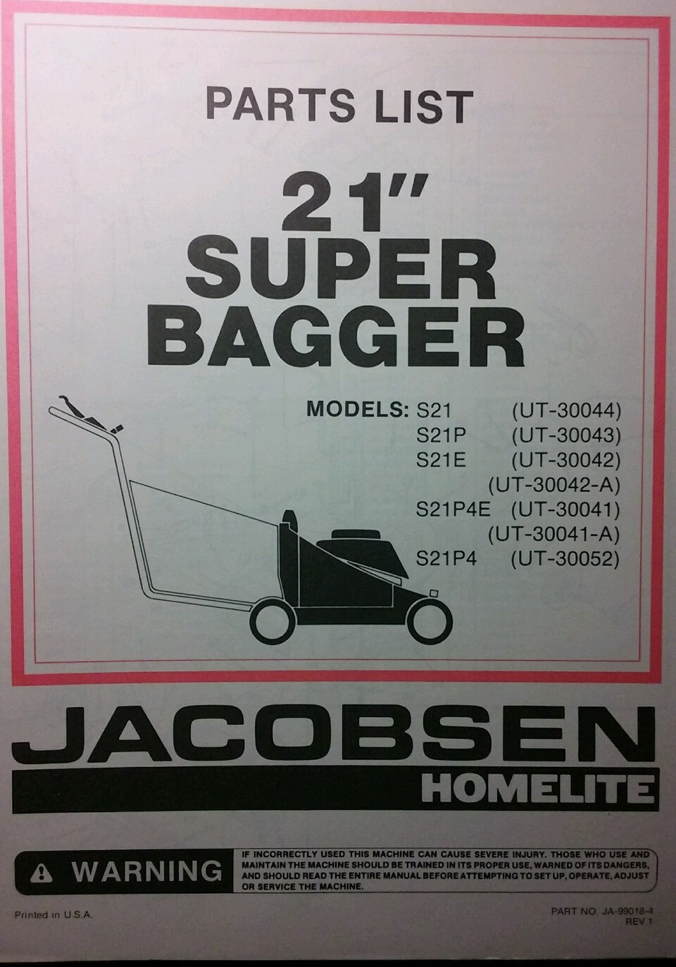Jacobsen 21" SUPER BAGGER Lawn Mower Parts Manual S21 UT30044 S21P4 UT ...