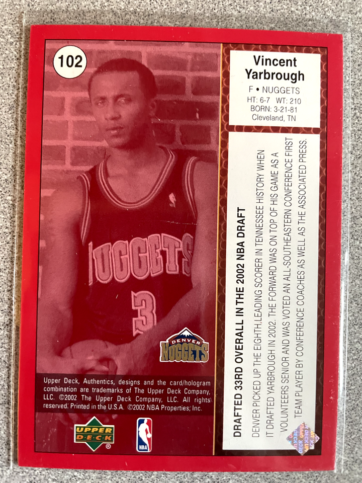 2002-03 UD Authentics Vincent Yarbrough Rookie Card /799 Nuggets | eBay