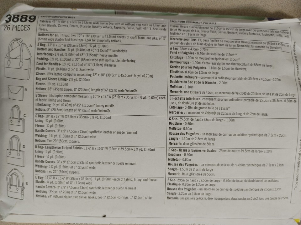 Simplicity Pattern 3889 Computer Totes Bags Cases Organizers | eBay