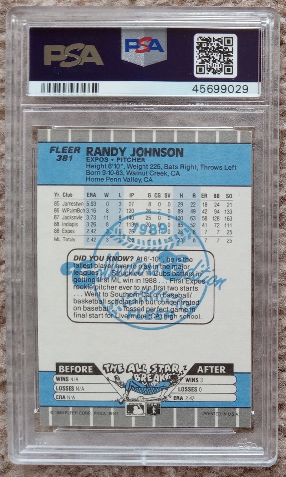 1989 Fleer Glossy #381 Ad Blacked Out Randy Johnson RC PSA 8 *Mislabled ...