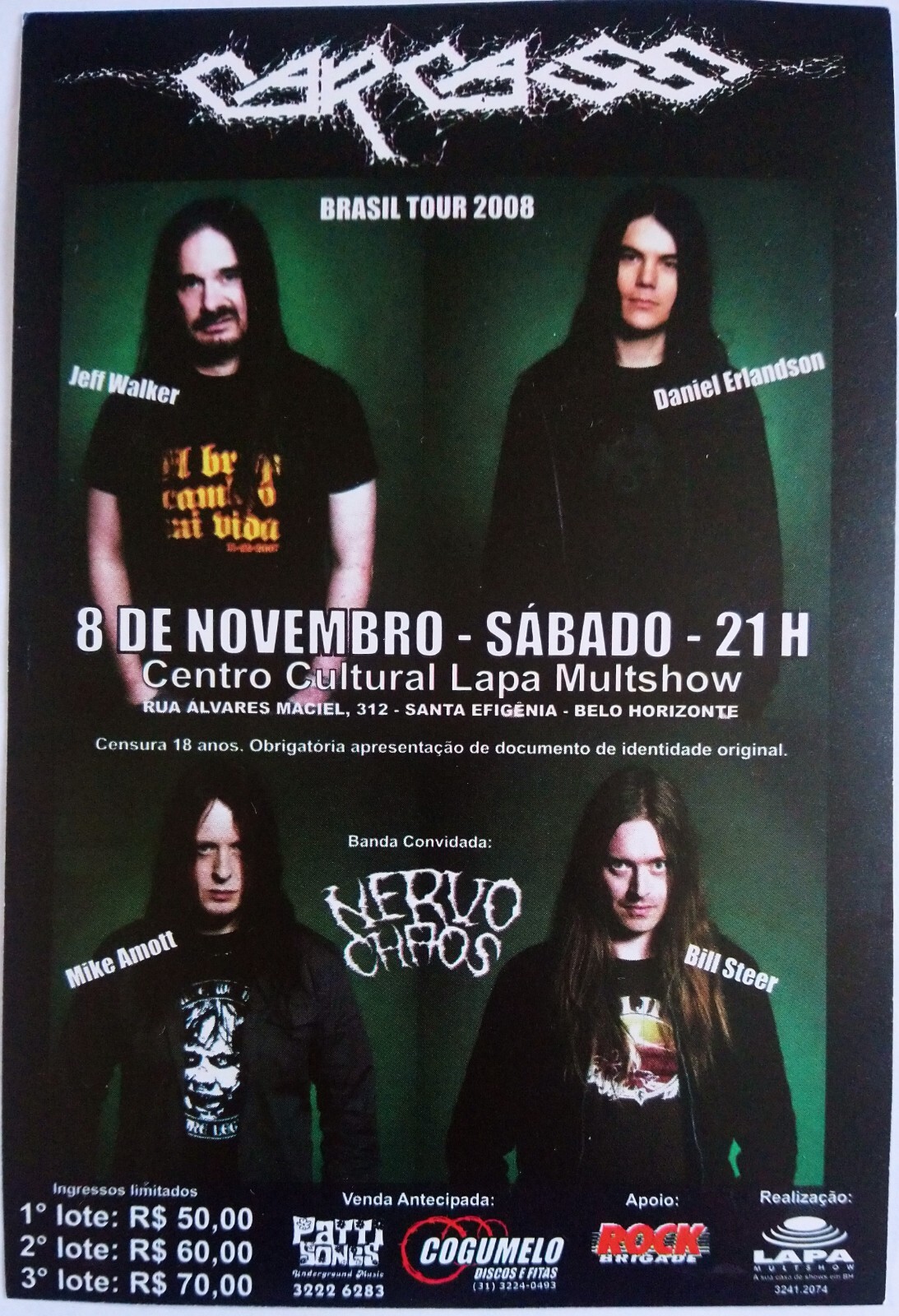 CARCASS RARE ORIGINAL CONCERT FLYER LIVE IN BELO HORIZONTE BRAZIL 2008 ...