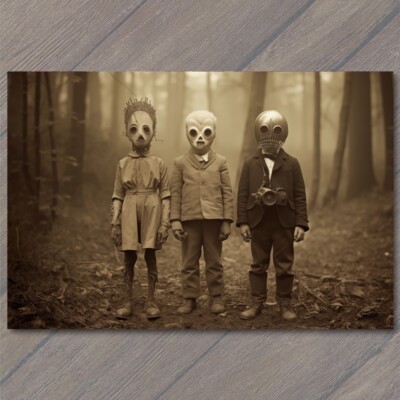 POSTCARD Weird Creepy Vintage Masks Metal Cult Unusual Group Kids Fall ...