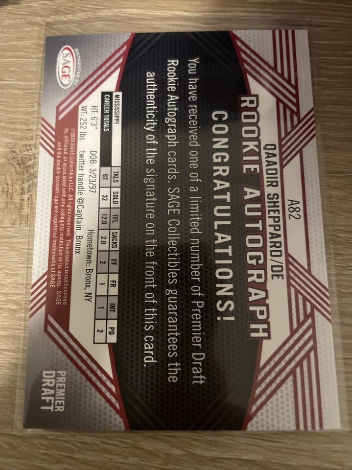 Qaadir Sheppard 2020 Sage HIT Premier Draft Rookie Auto Mississippi A82 ...