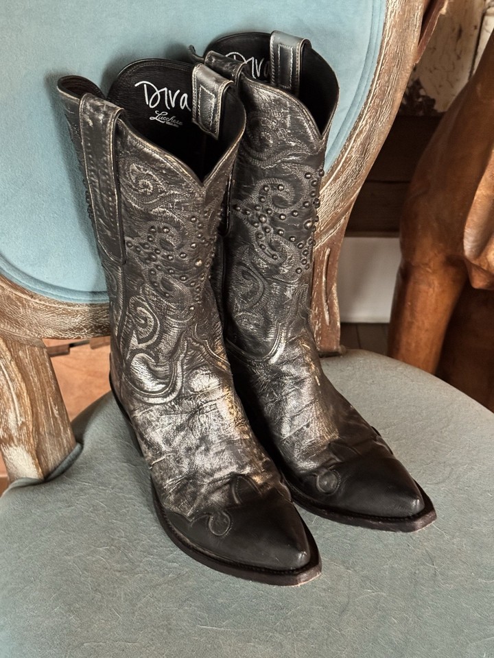 RARE Vintage Luccese “Diva” Agata Silver/Black Leather Cowboy Boots | eBay