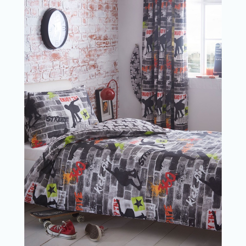SKATEBOARD TRICKS SINGLE DUVET COVER SET GRAFFITI STARS BOYS TEENAGER ...