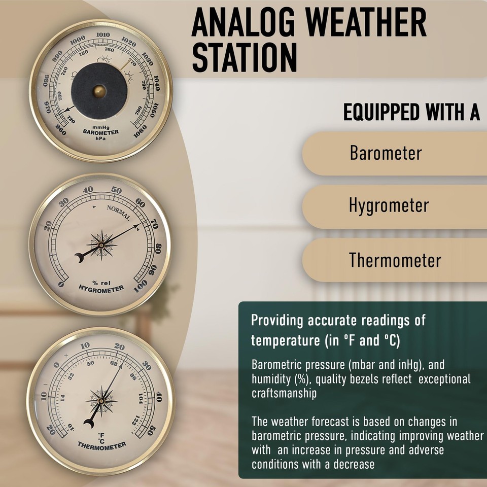 Classic Analog Weather Station-Home Barometers-Indoor Brown and gold | eBay