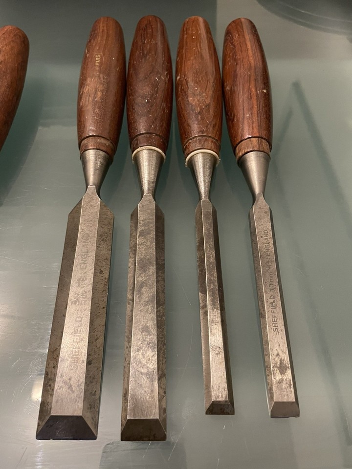 7 rare vintage gold chip marples bevel edge & firmer chisels rosewood ...