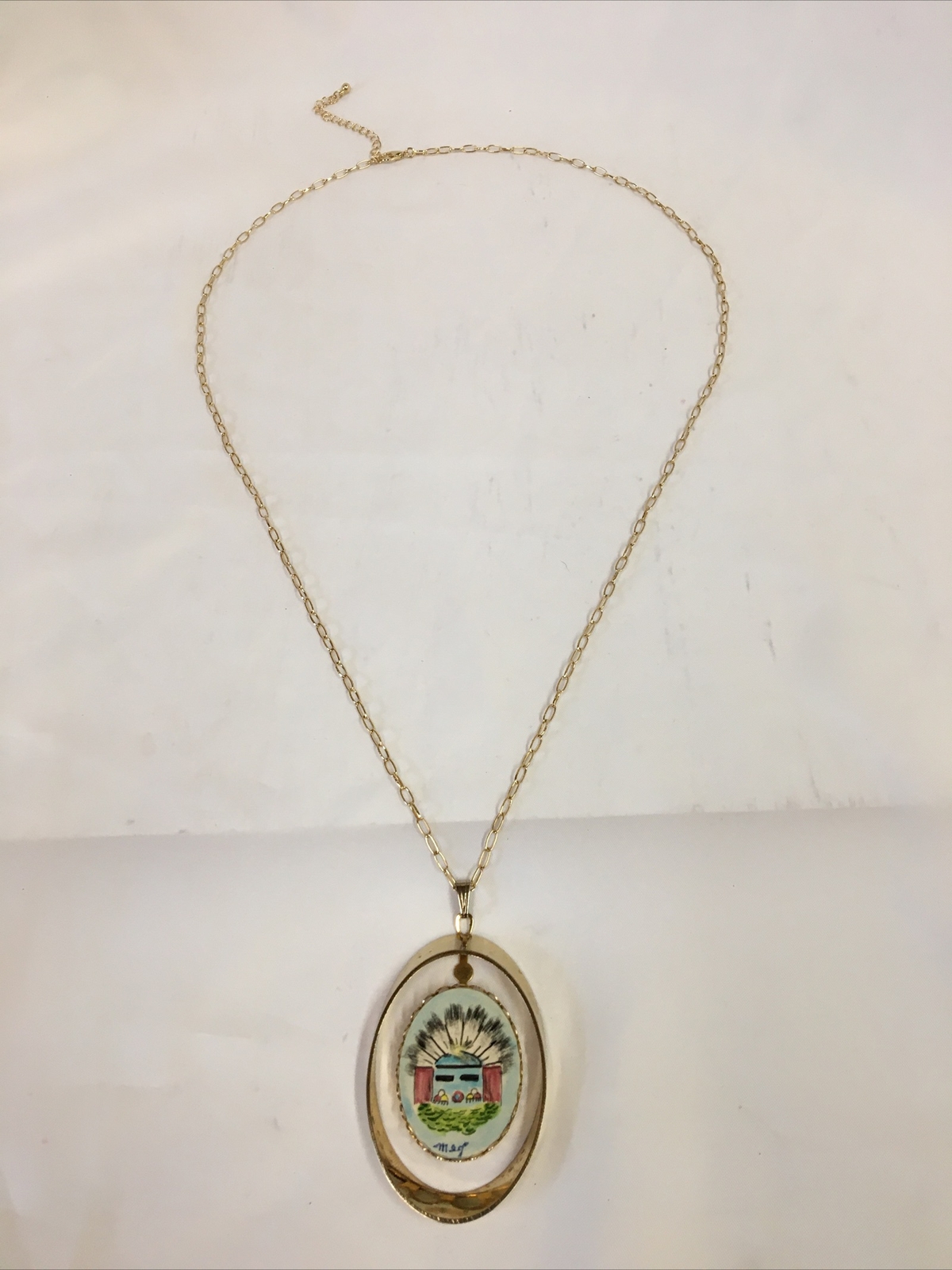 Vtg Gold Tone Open Oval Hand Painted Pendant Signed B… - Gem