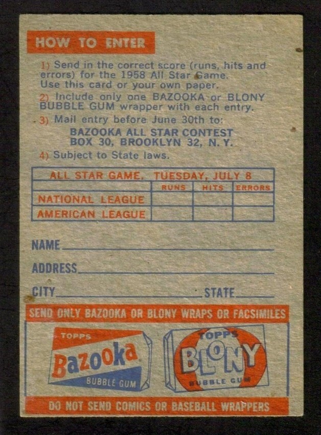 1958 Topps July 8th All Star Game BAZOOKA CONTEST CARD Baseball Card ...