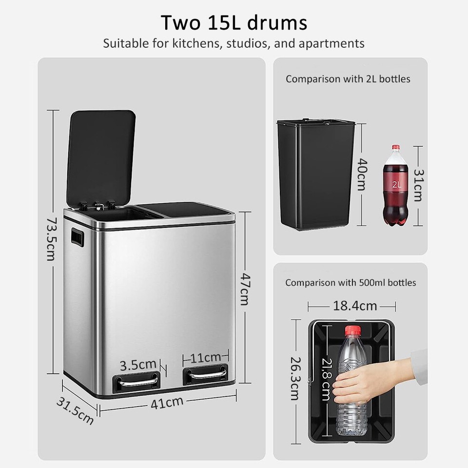 30L/45L/60L Dual/Tri Step Stainless Steel Bucket Trash Can Rubbish ...