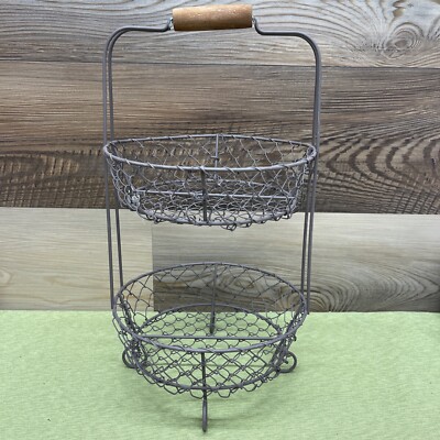 New Two Tier Wire Basket With Wooden Handle | eBay