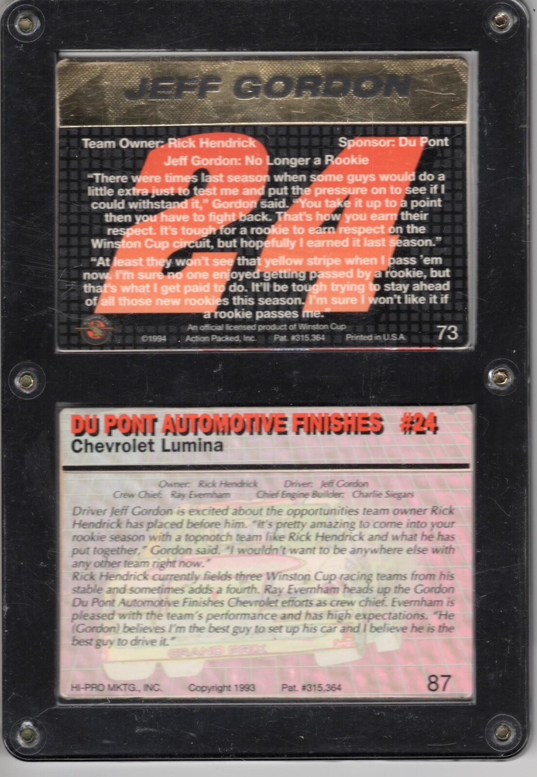 Jeff Gordon 2 Card Plaque. 1993 And 94 Gordon Cards Action Packed 73 Hi ...