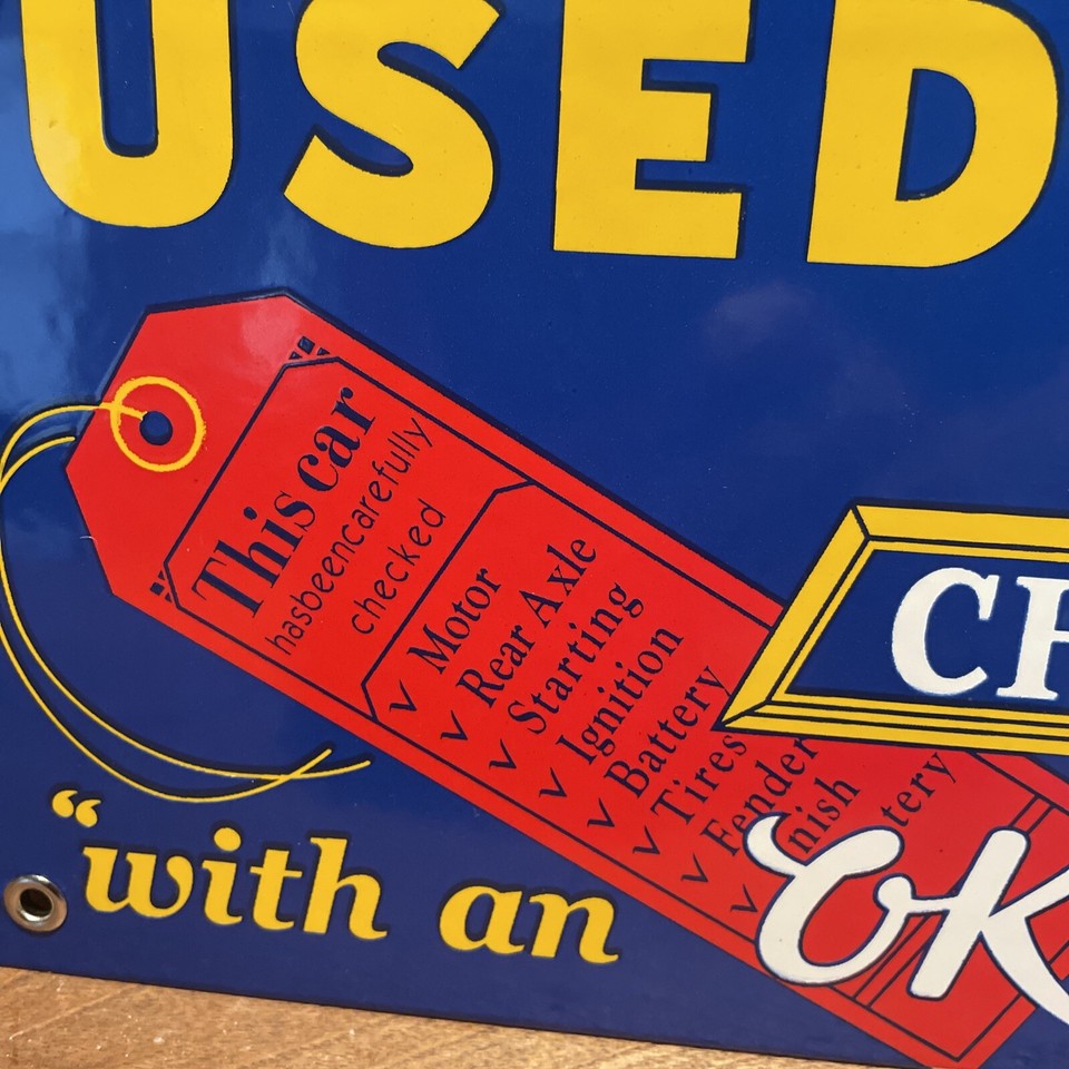 VINTAGE STYLE ''CHEVROLET'' OK USED CARS GAS & OIL PORCELAIN SIGN 12X9 ...