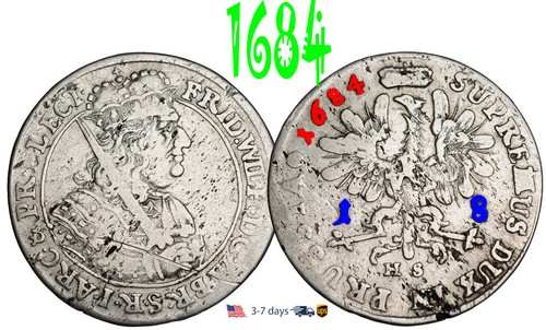 GERMAN Prussia ORT 1684, 18 Groschen 1/4 Thaler, F. Wilhelm Silver Coin ...