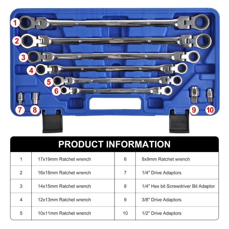 8 MM TO 19 MM Flex-Head Extra Long Ratcheting Wrenches Double Box End ...