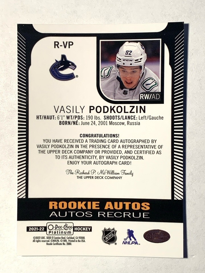 2021-22 UD O-Pee-Chee Platinum Rookie Autos VASILY PODKOLZIN Oilers ...