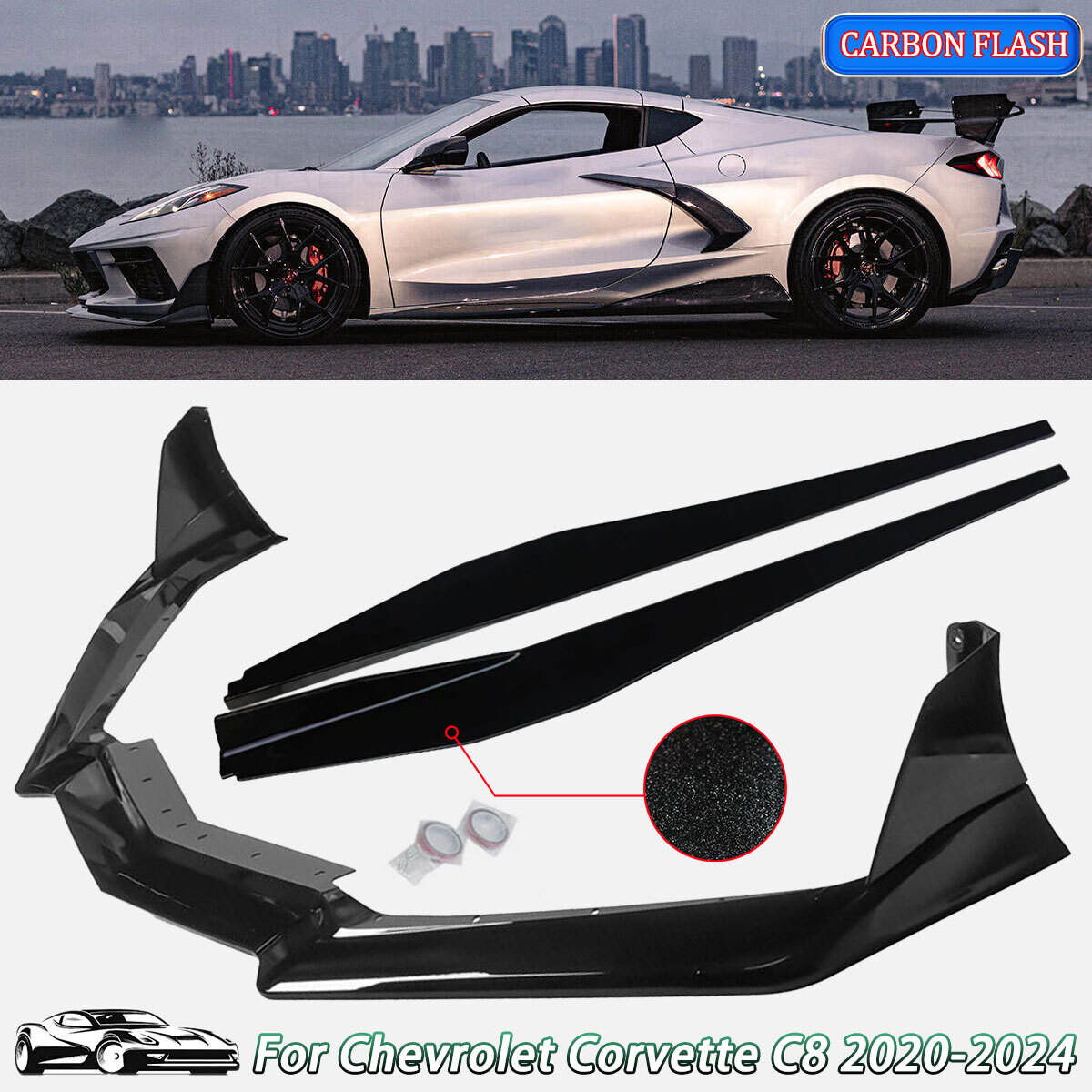 CARBON FLASH Front Lip Splitter Winglets & Side Skirts For 20-Up ...