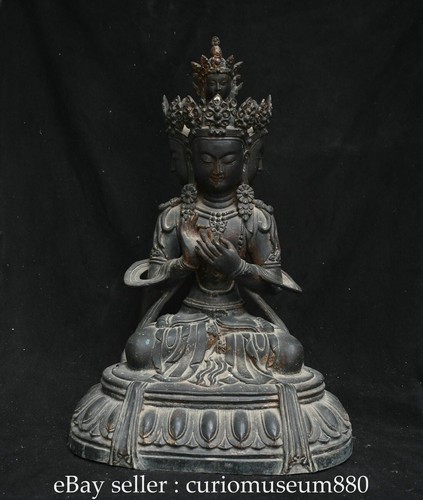 20.8" Old Chinese Buddhism Copper Sit The Three Face Buddha Statue ...