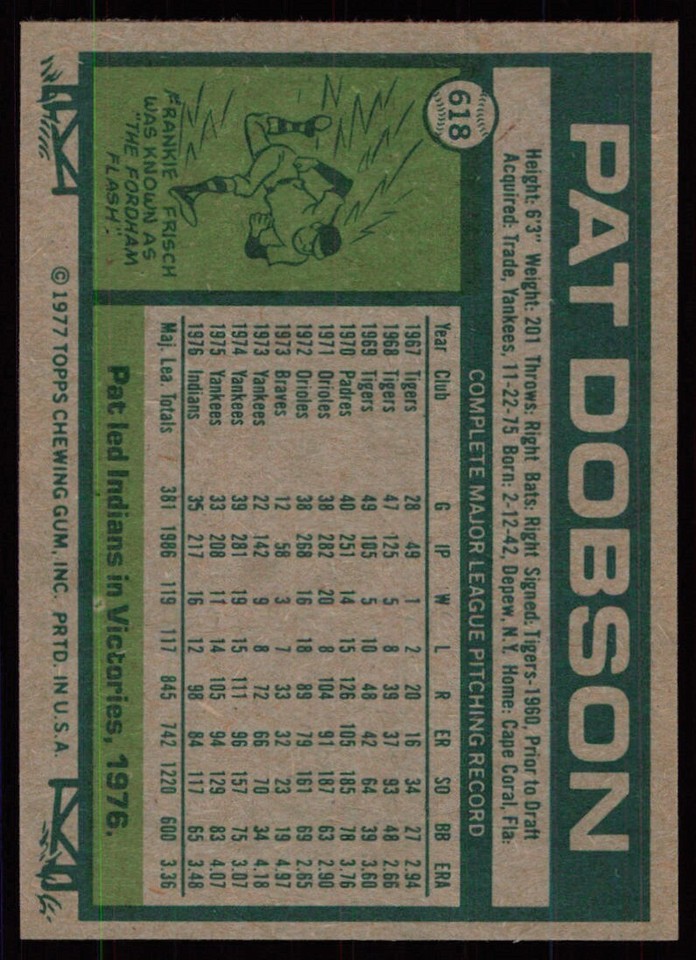 1977 Topps Pat Dobson Cleveland Indians #618 | eBay