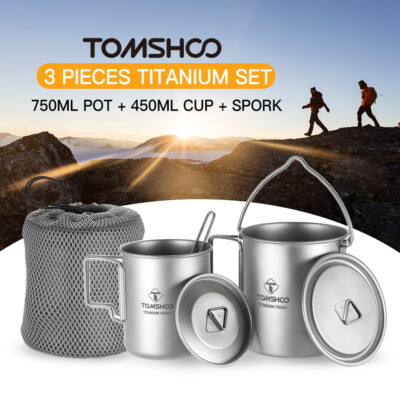 TOMSHOO Lightweight Titanium 3 Pieces Set Titanium 750ml Pot 450ml ...
