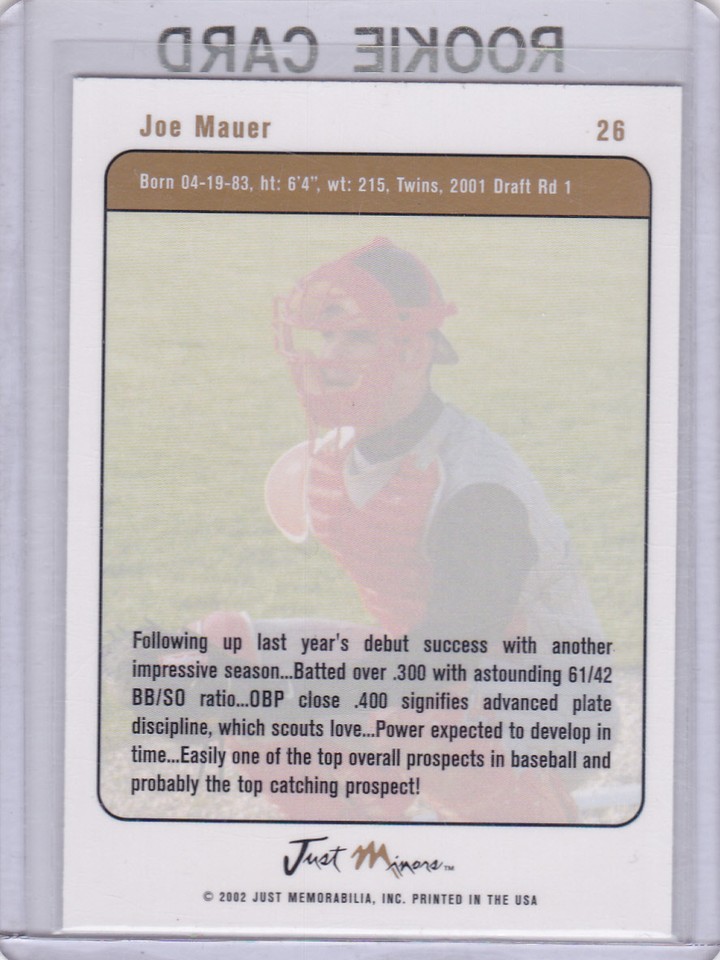 Joe Mauer TWINS ROOKIE CARD Minors BASEBALL 2002 RC Minnesota Catcher ...