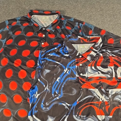 2 Obnoxious Golf Shirts Mens 2XL Polo Sphere Red Ball Illusion USA Flag ...