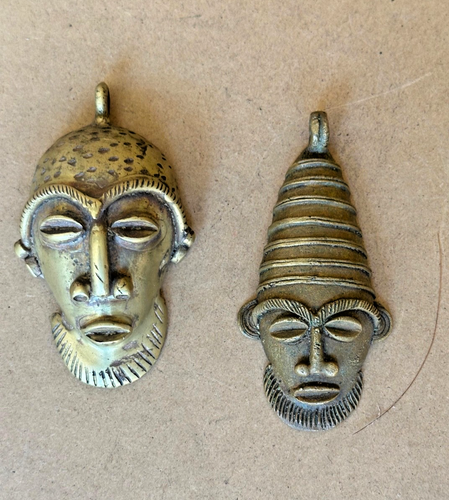 Pair of Vintage Ashanti / Akan Brass Mask Pendants — Ghana (Lost-Wax ...