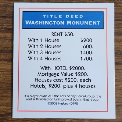 Washington Monument Title Deed Monopoly America Special Edition ...