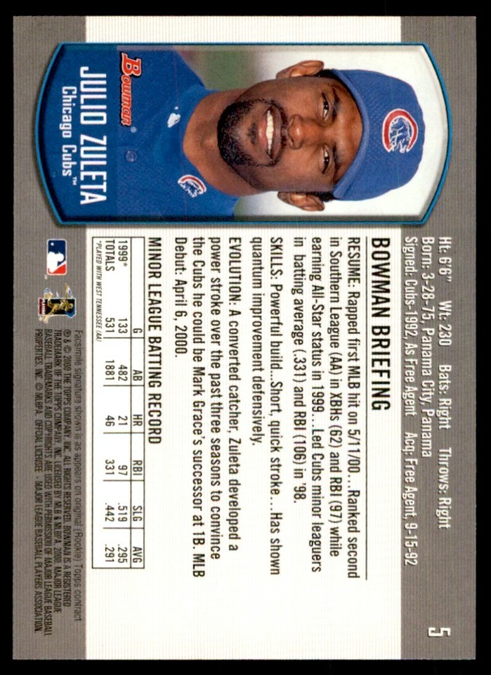2000 Bowman Draft Picks & Prospects Julio Zuleta Chicago Cubs #5 | eBay