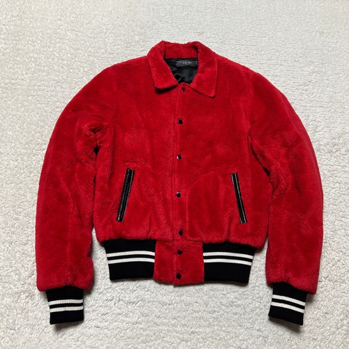 Amiri Jacket Men Small Red Fleece Sherpa Bomber Coat Varsity Silk Lined ...