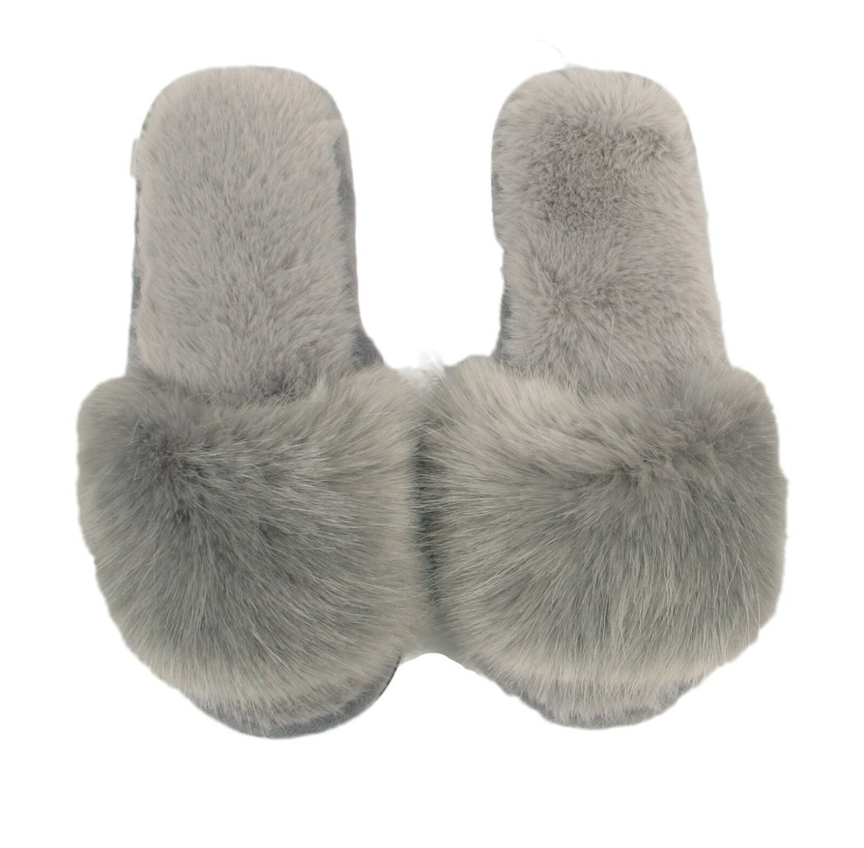 Ladies Fur Slippers Womens Fluffy Slide Sliders Winter Warm Furry Flip ...