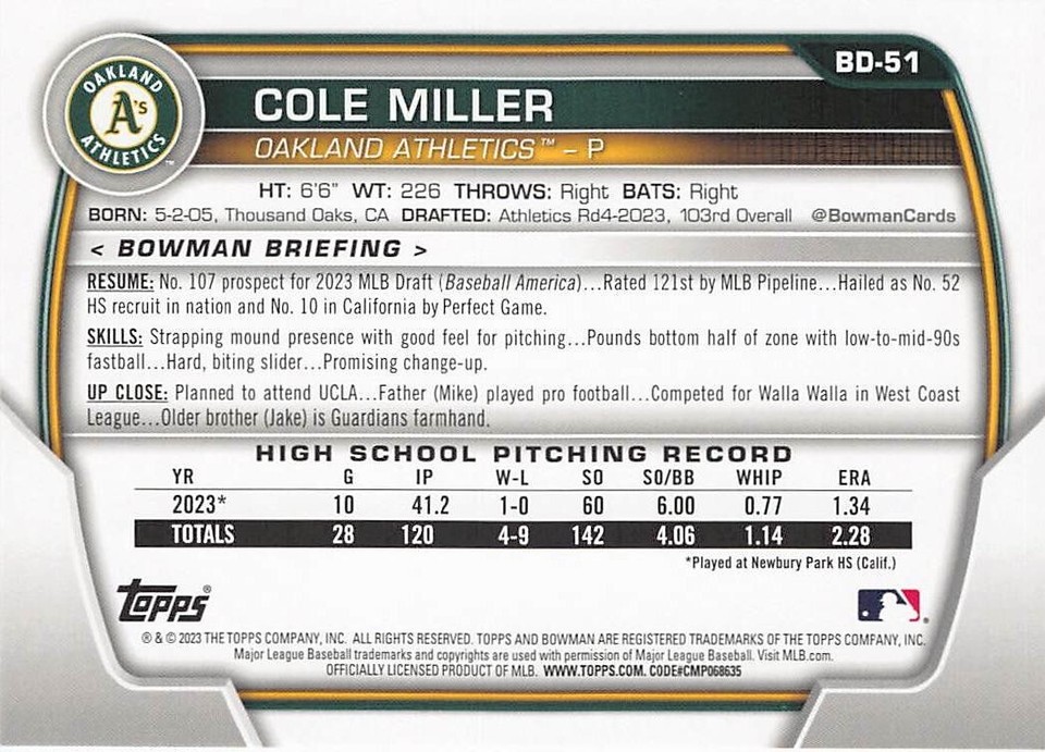 2023 BOWMAN DRAFT (#BD-51) - PROSPECT - COLE MILLER | eBay