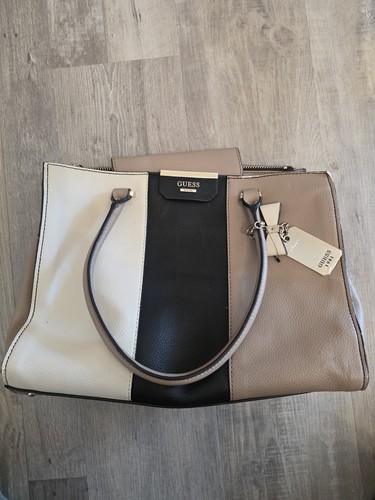 Guess Colorblock Tote Satchel Bag Black Beige White Gold Hardware ...