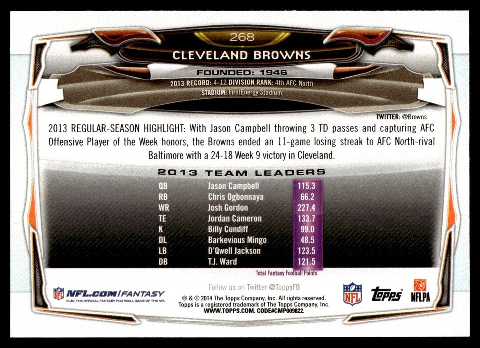 2014 Topps Cleveland Browns Cleveland Browns #268 | eBay