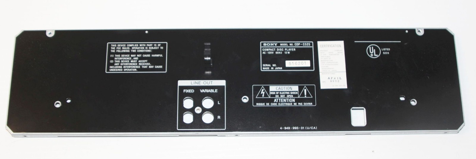 Rear Case Cover Model ID Plate 4-949-993-01 - Sony 5 Disc CD Player CDP ...