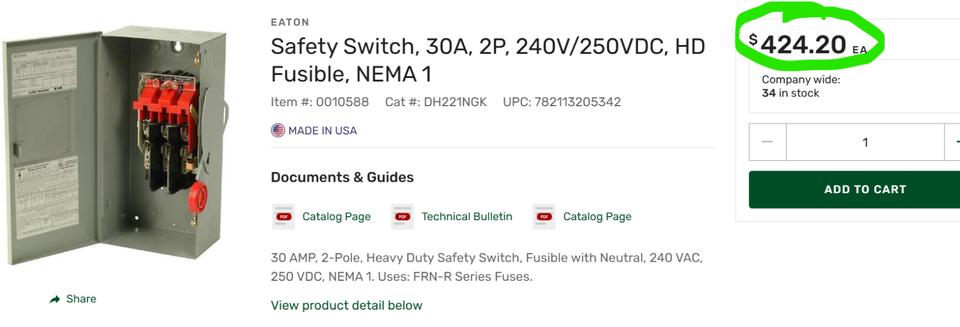 Cutler Hammer DH221NGK Safety Switch 30A 2P Fusible NEMA 1 NEW NO BOX ...
