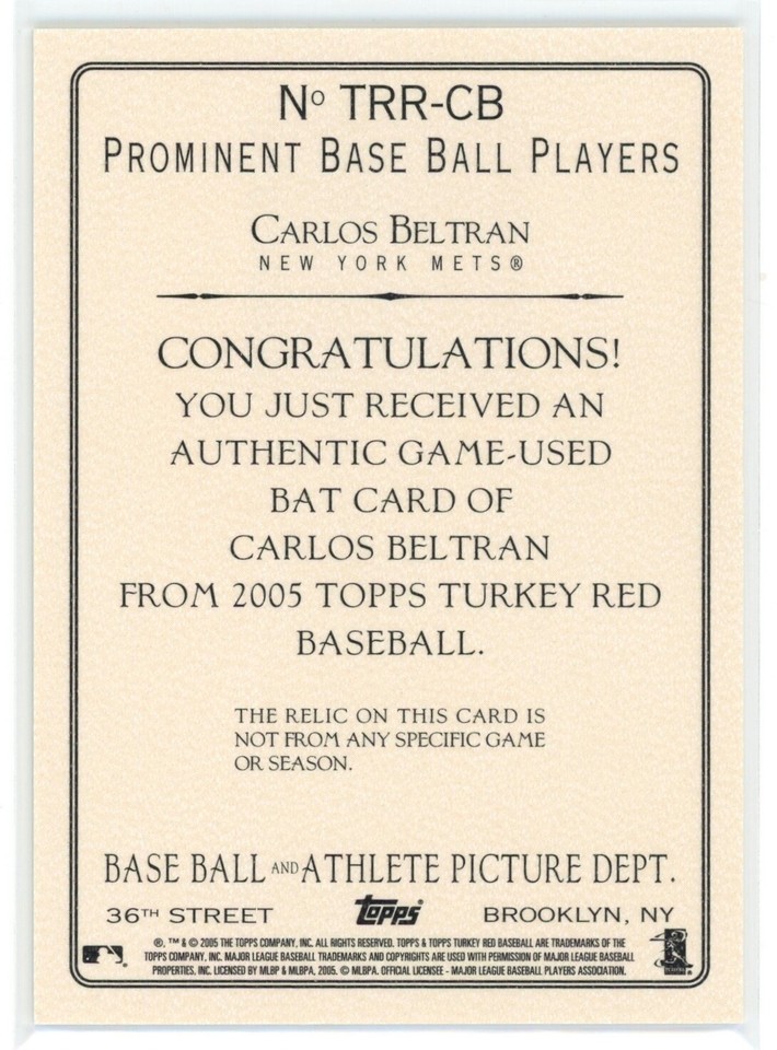 Carlos Beltran - 2005 Topps Turkey Red Game Used Bat Relic Card #TRR-CB ...