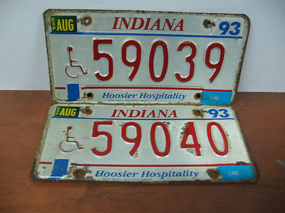 1993 SEQUENTIAL NUMBER INDIANA HANDICAP LICENSE PLATES HOOSIER ...