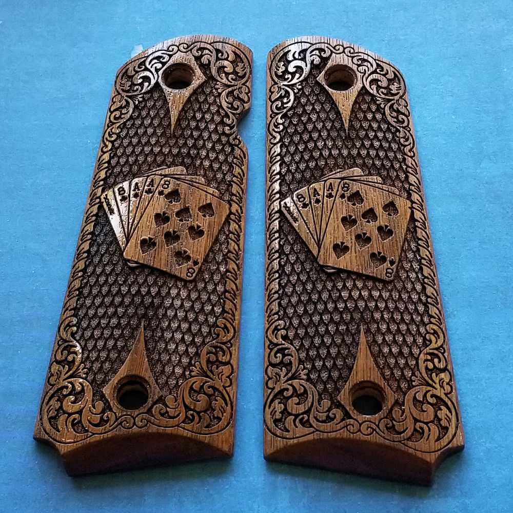 1911 custom 3D engraved walnut wood grips Scroll Dead Man Hand Cards ...