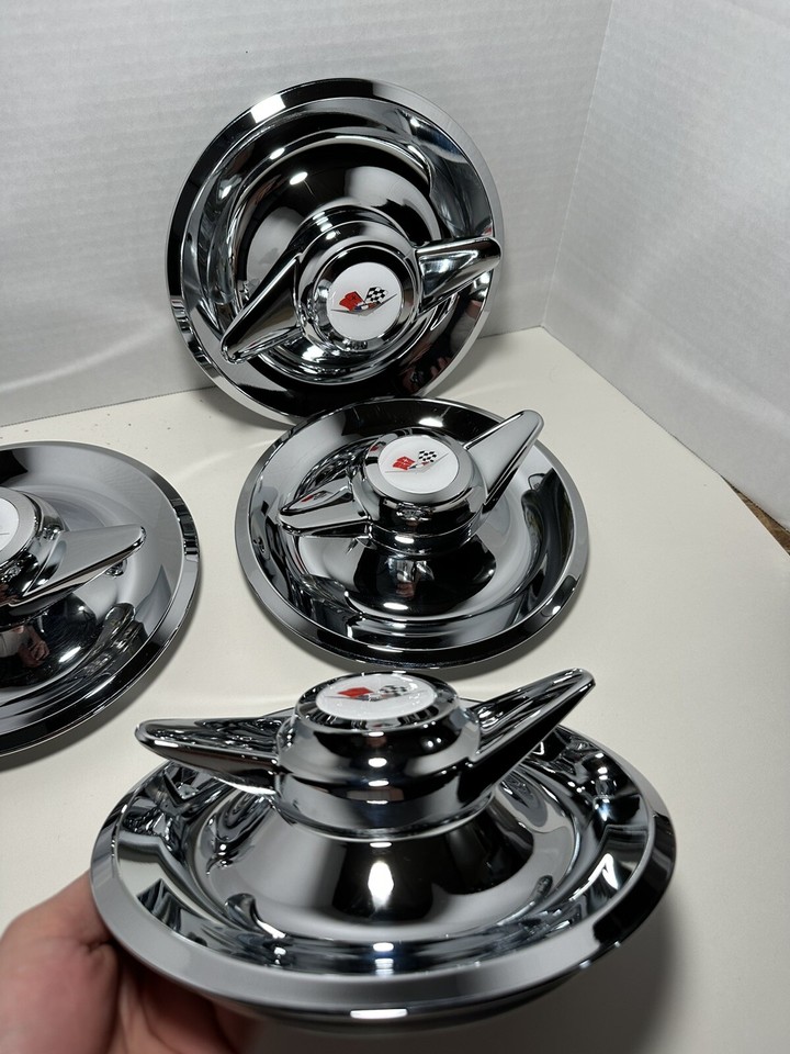 (4) 2 BAR SPINNERS CENTER CAPS FOR CHEVY RALLY WHEELS 7",WHITE FLAGS ...
